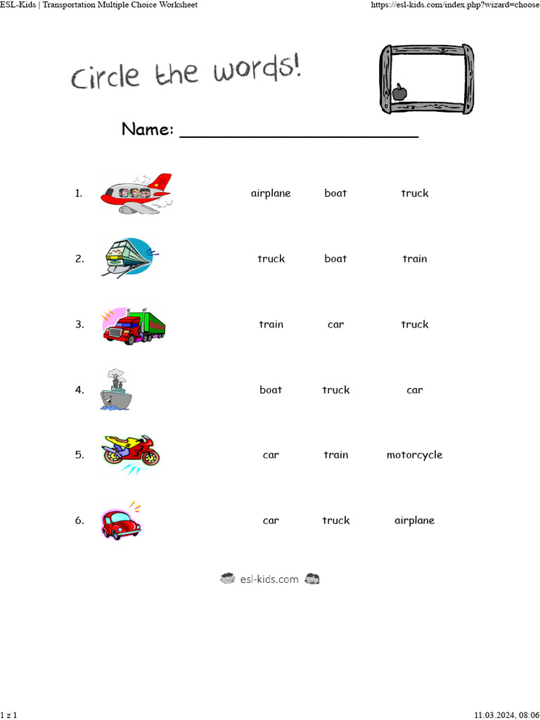 ESL-Kids Transportation Multiple Choice Worksheet | PDF