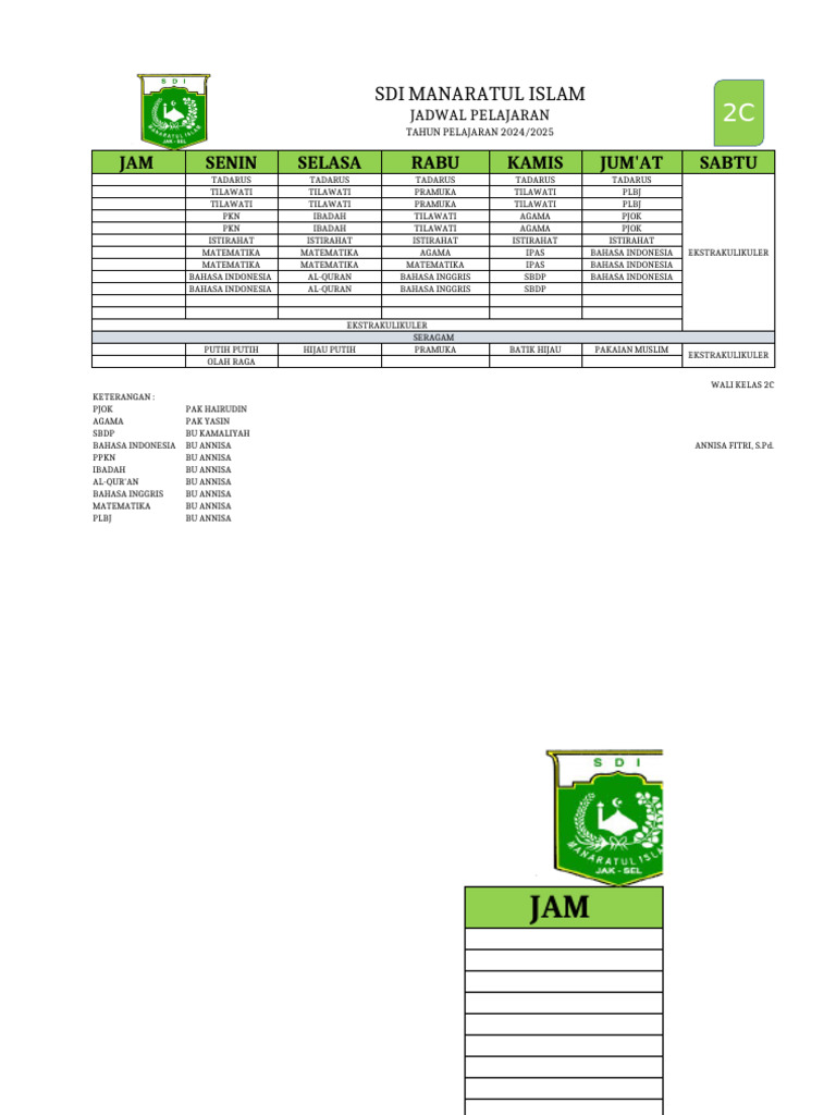 Jadwal Pelajaran Kelas 2a Dan 2c Tahun 20232024 | PDF