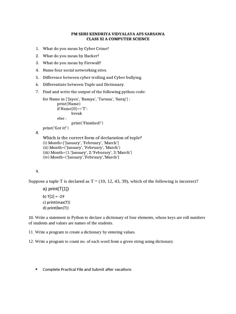 HHW Cs 11 A Winter Break | PDF