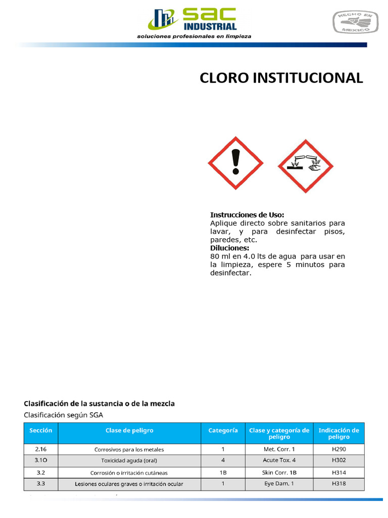 HS Cloro Institucional 2024. Pictogramas PDF | PDF | Agua | Cloro