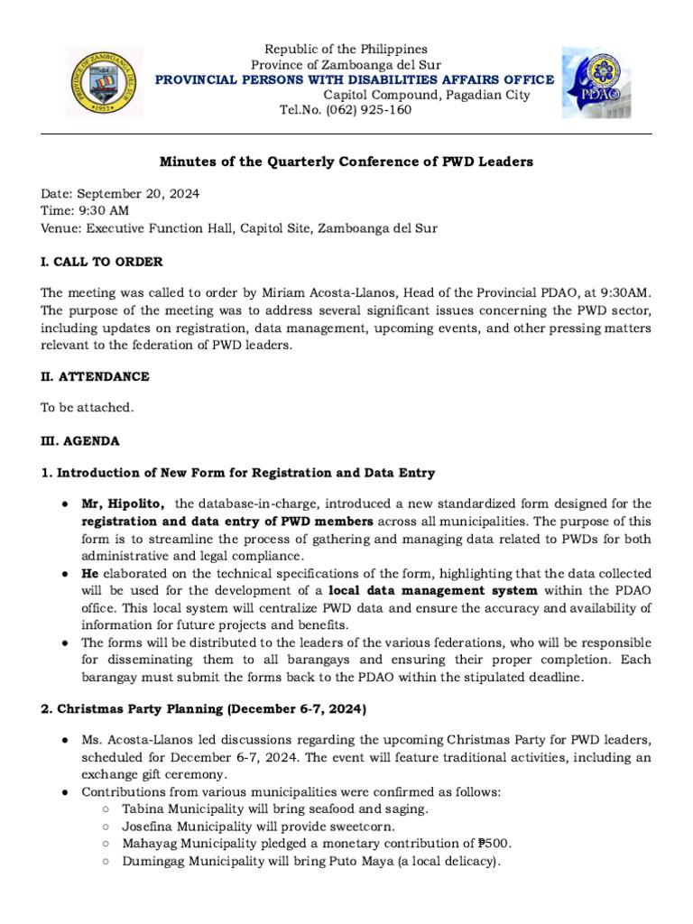 Minutes of The Meeting For PWD Leaders | PDF | Finance & Money Management