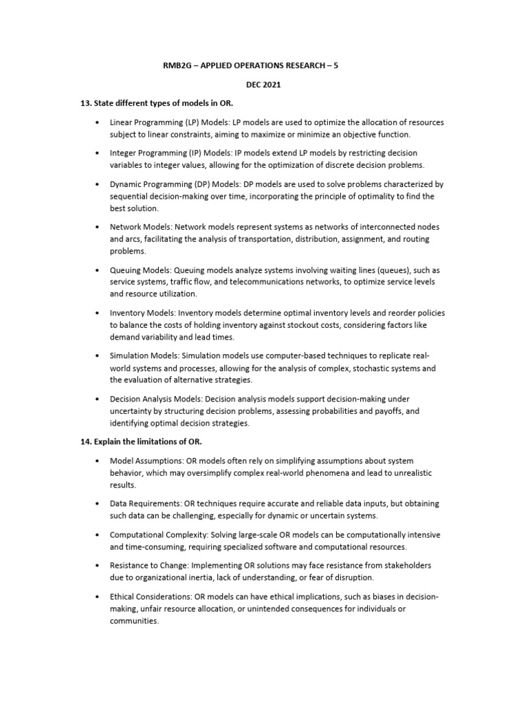 Overview of Operations Research Models | PDF | Mathematical ...