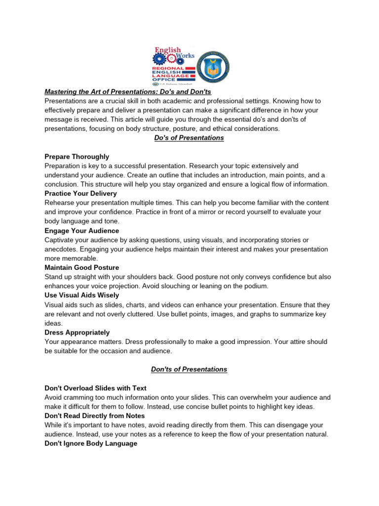 Mastering The Art of Presentations - Do's and Don'ts | PDF | Body Language | Human Communication