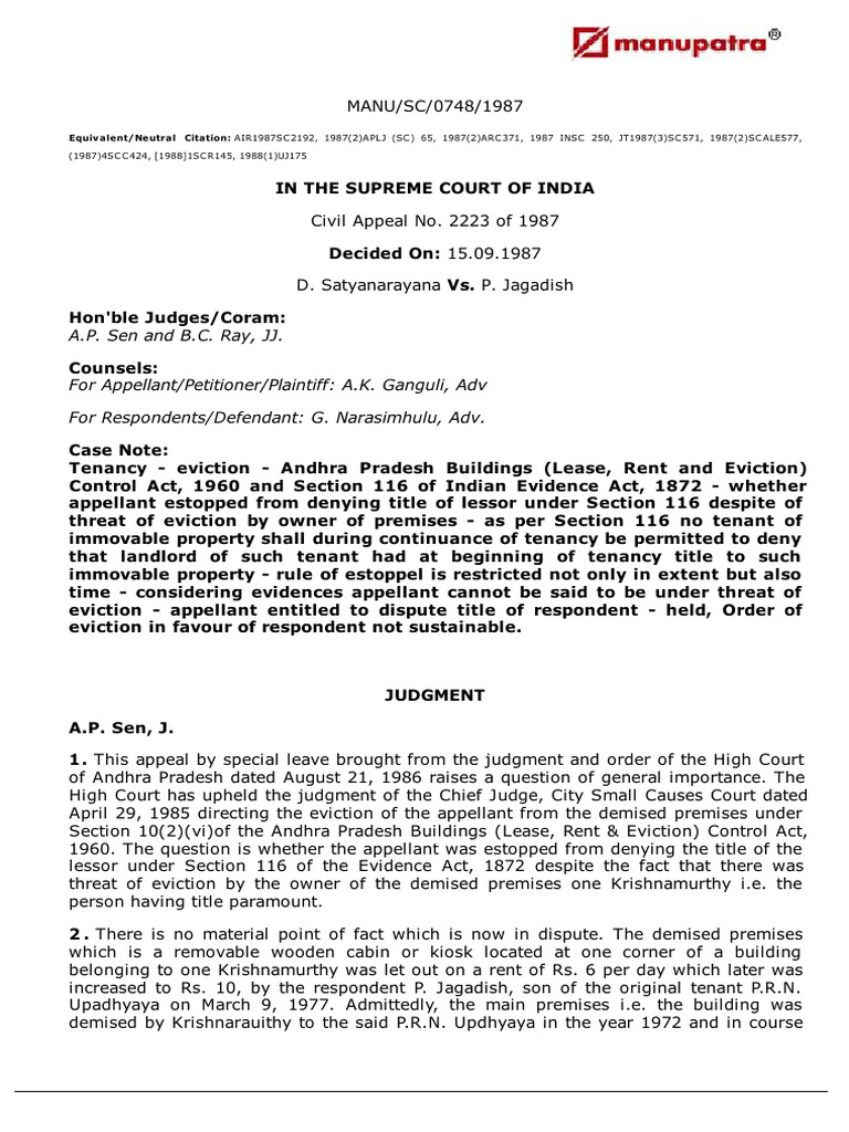 D Satyanarayana Vs P Jagadish 15091987 SCs870748COM127139 | PDF | Lease | Leasehold Estate