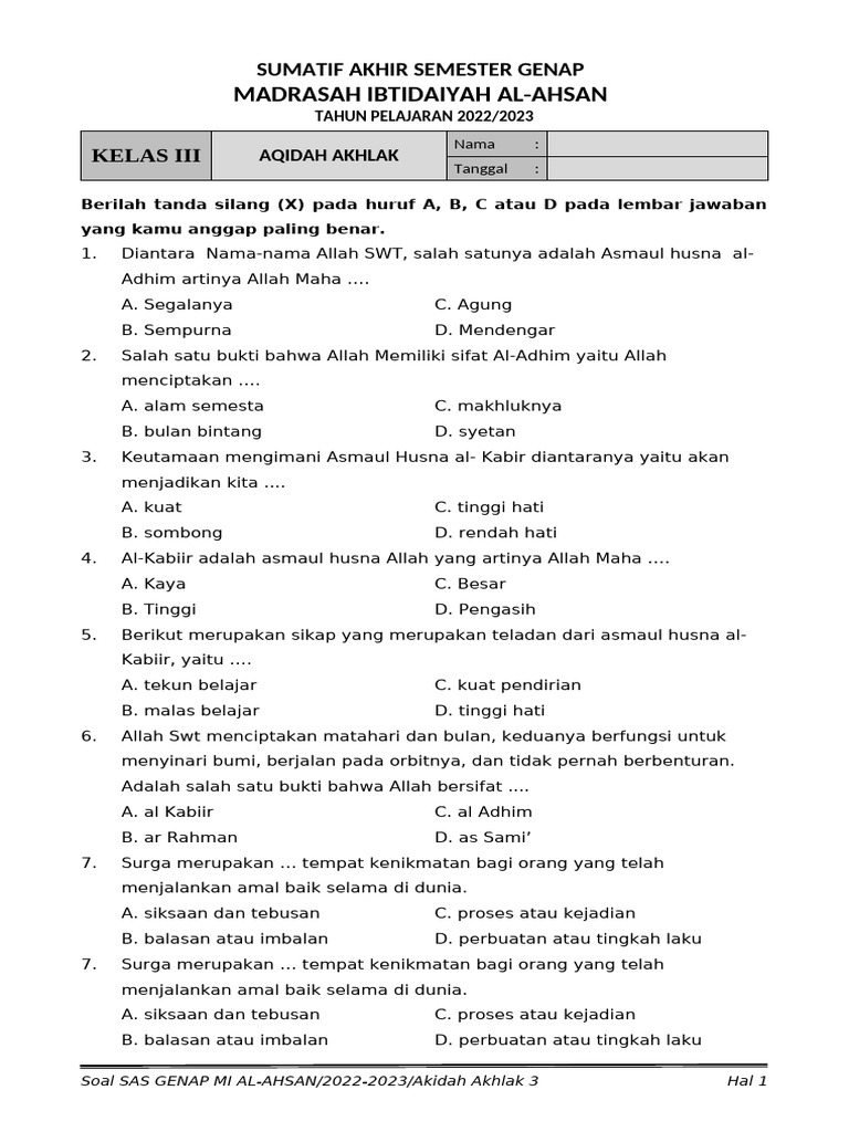 NASKAH SOAL SAS Genap AA 3 - 2023 - Kelas 3-6 | PDF
