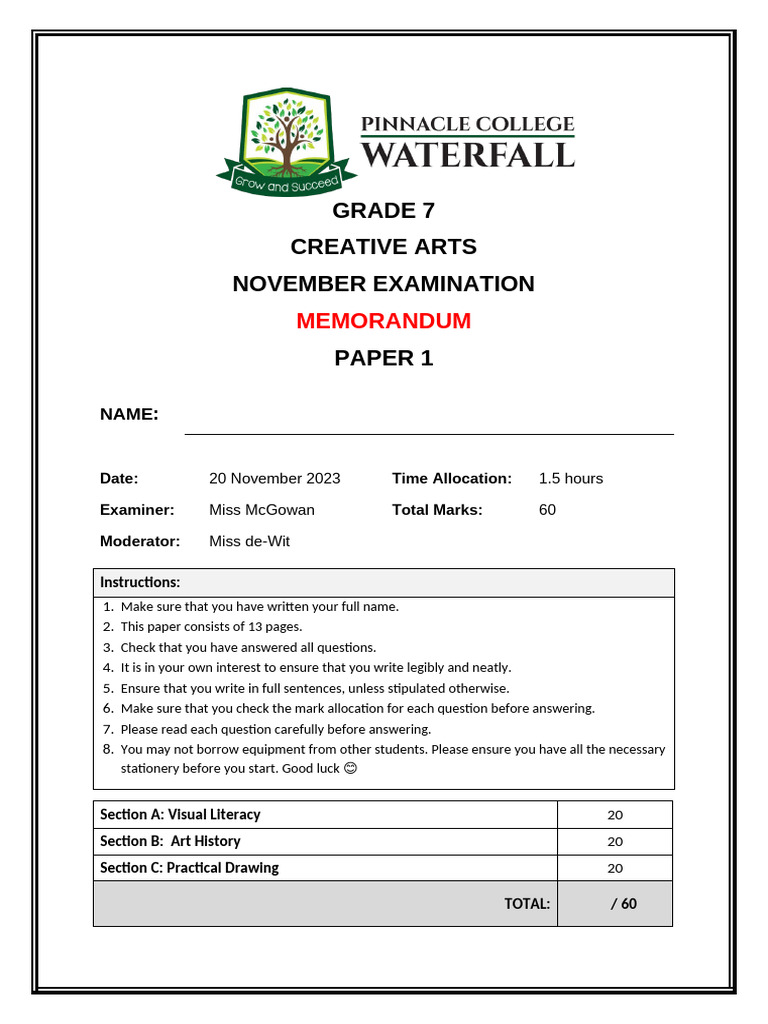 Gr7 November Exam MEMO Revised | PDF | Drawing | Rock Art
