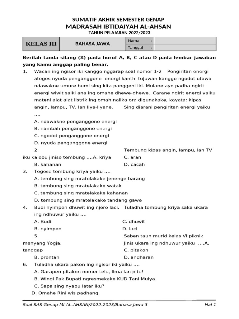Naskah Soal Sas Genap BHS Jawa 3 - 2023 | PDF