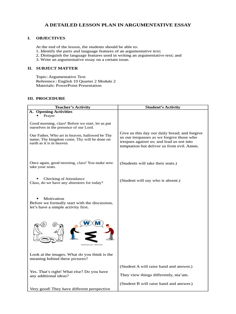 Lesson Plan Argumentative Essay Day 1 | PDF | Lord's Prayer