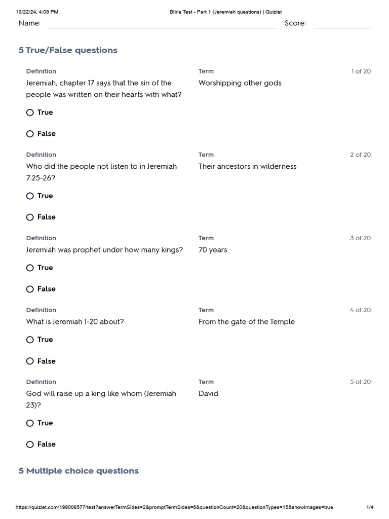 Bible Test - Part 1 (Jeremiah Questions) - Quizlet | PDF | Jeremiah ...