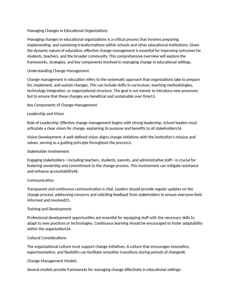 Managing Changes in Educational Organizations | PDF | Change Management ...