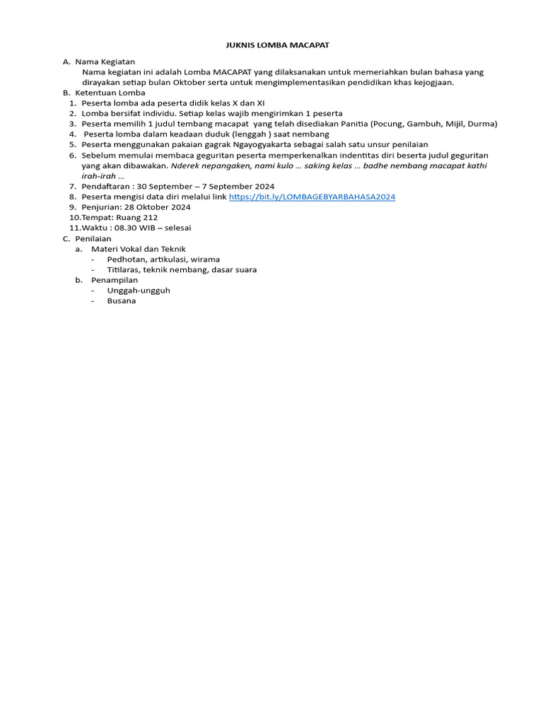Juknis Lomba Macapat 2024 | PDF | Kajian Bahasa Asing