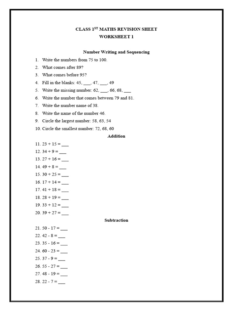 CLASS 1ST MATHS REVISION SHEET | PDF