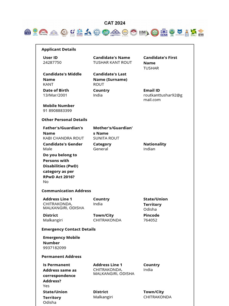 Cat 2024 Application Form | PDF | Educational Stages | Qualifications