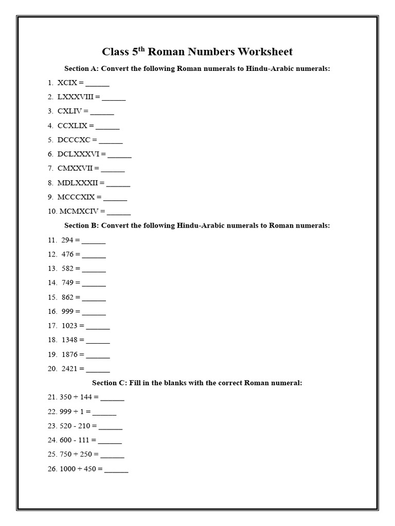 Class 5th Roman Numbers Worksheet | PDF | Teaching Methods & Materials
