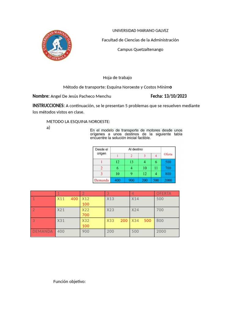 Hoja de Trabajo Método de Transporte ADJPM | PDF