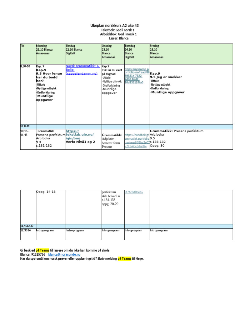 Ukeplan-A2 Uke 43 | PDF