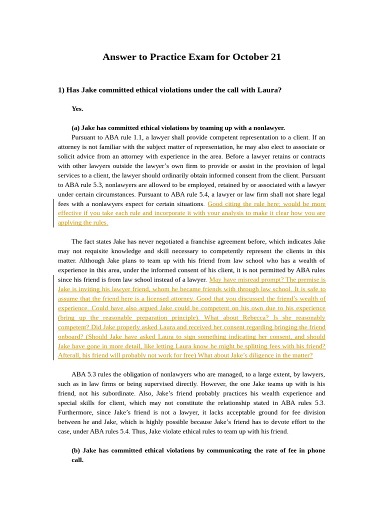 (Revised) Answer to Practice Exam | PDF | Lawyer | American Bar Association