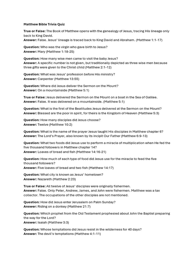 Matthew Bible Trivia Quiz | PDF | Gospel Of Matthew | Jesus