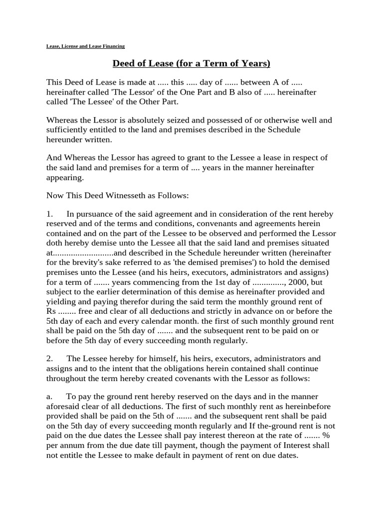 Deed of Lease (for a Term of Years) (Lease) | PDF | Lease | Civil Law ...