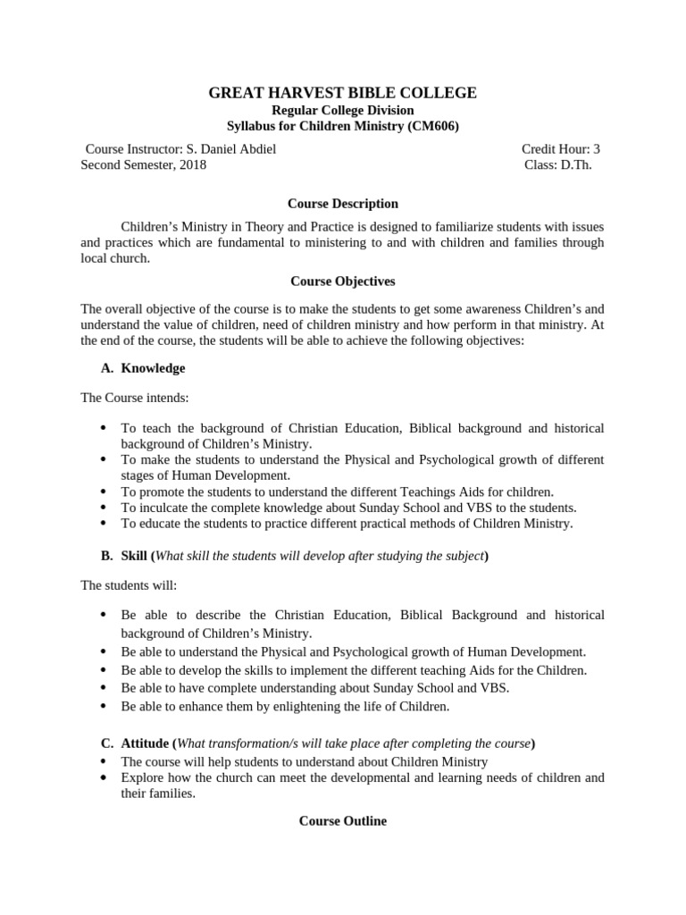 Children Ministry.D.th. Syllabus | PDF | Bible | Schools