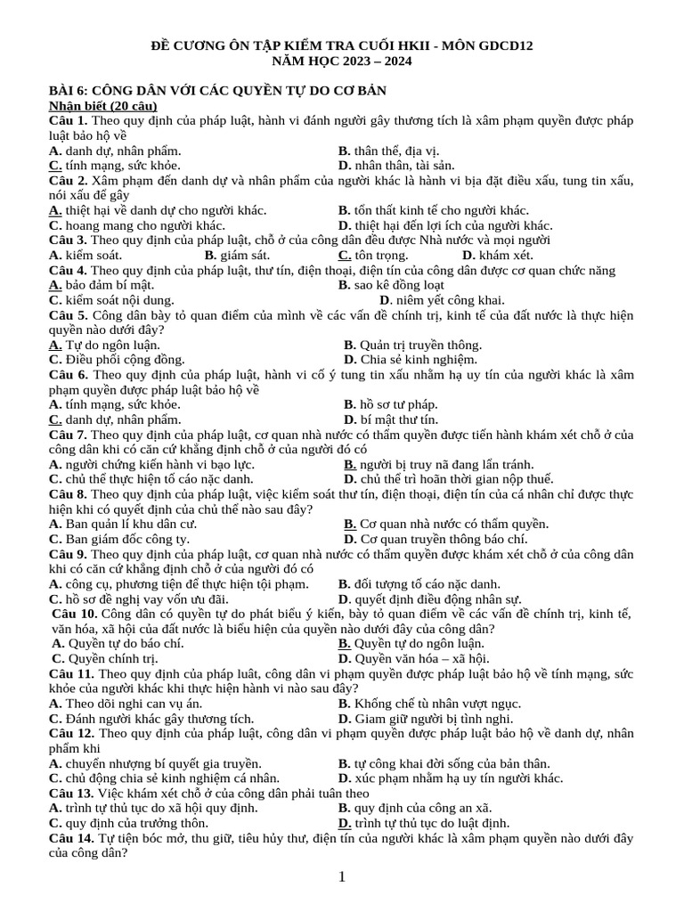 De Cuong KT Cuoi Hk2 - cd12 - Co Dap An | PDF