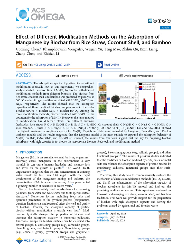 Effect of Different Modification Methods On The Adsorption of Manganese ...