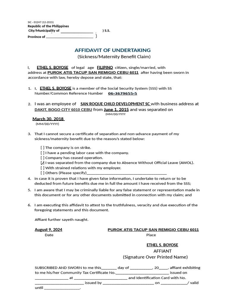 SSS UNDERTAKING FORM | PDF | Affidavit