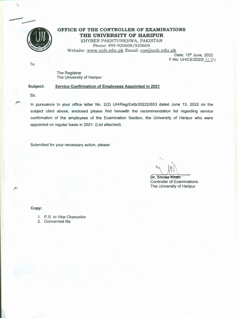 Service Confirmation Appointed As Per Act 2021 | PDF