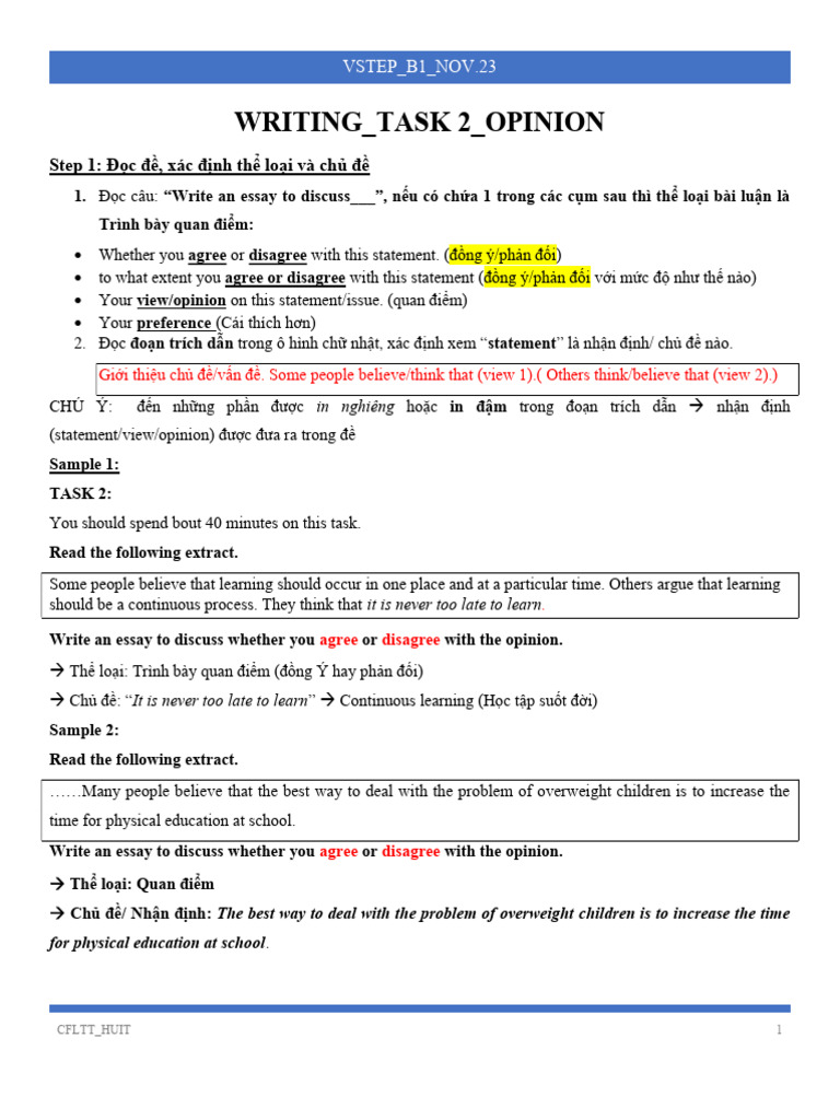 Vstep - Writing Task 2 - Opinion | PDF | Reason | Curriculum