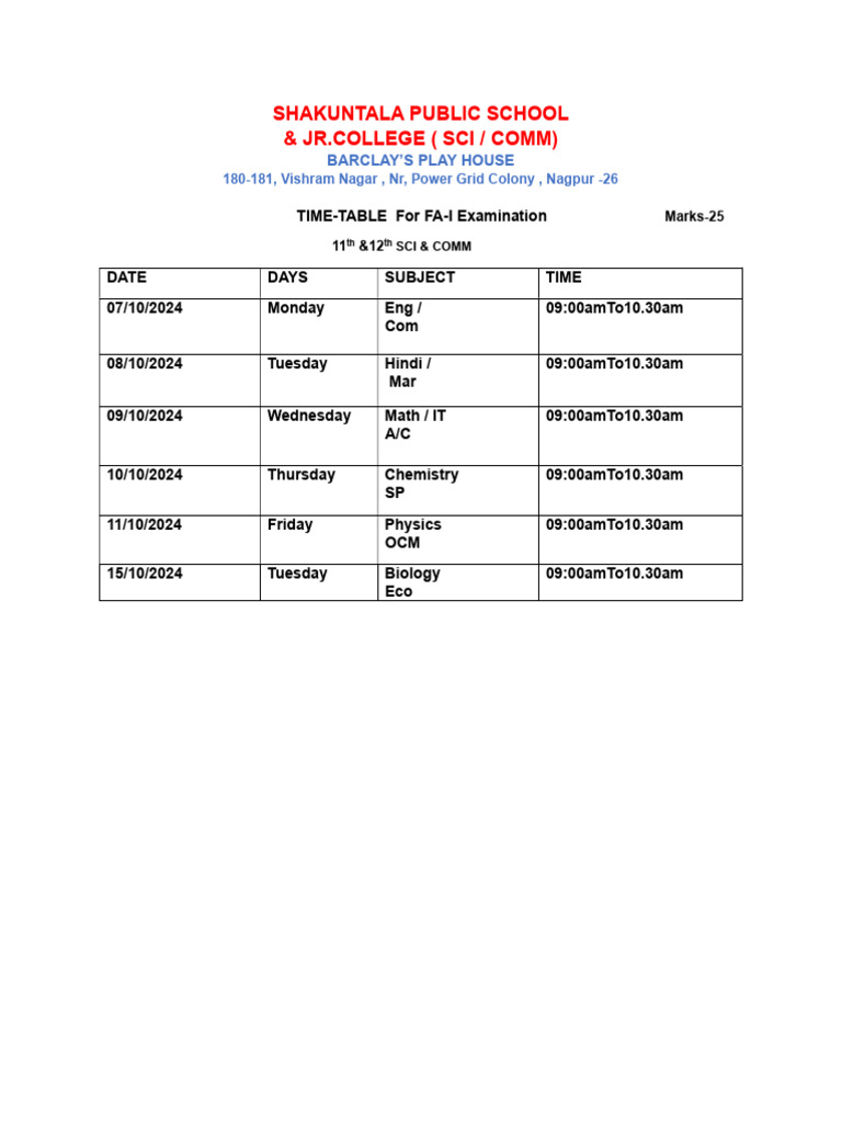 Shakuntala Public School Time Table 11th &12th | PDF