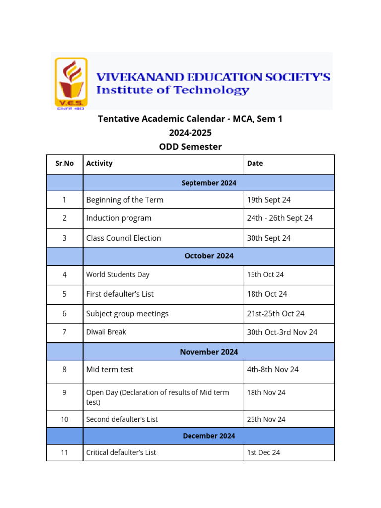 Academic Calendar - ODD Sem - 24-25 - MCA Sem 1 | PDF