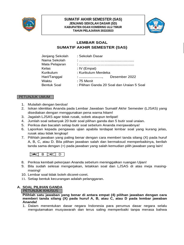 Soal PKN Kurikulum Merdeka Kelas 4 SDN 01 Trans Batumarta Vii | PDF