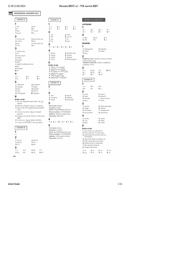 Personal BEST A2 - WB Answer KEY | PDF