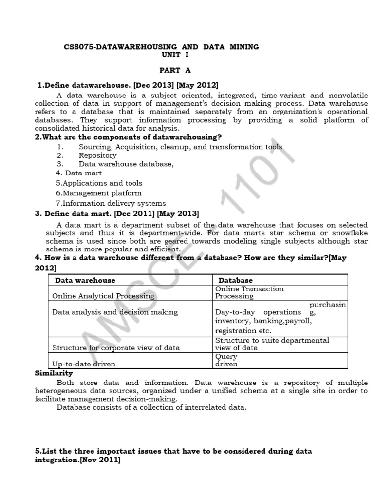 CS8075 DATAWAREHOUSING AND DATA MINING - Watermark | PDF | Data Warehouse | Metadata