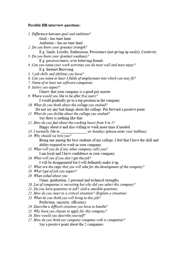 Possible HR Interview Questions | PDF | Pointer (Computer Programming)