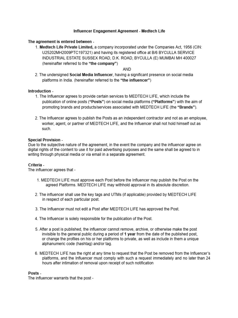 Final Influencer Engagement Agreement - Medtech Life | PDF | Intellectual Property | Legal Liability