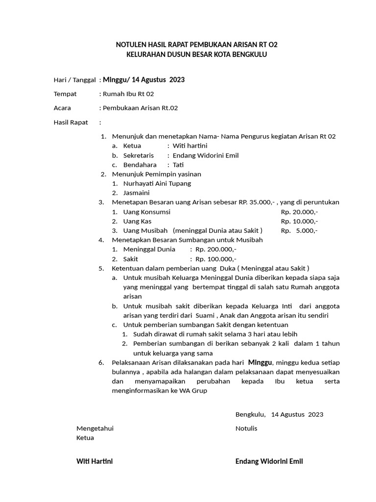 Pembukaan Arisan RT 02 Bengkulu | PDF