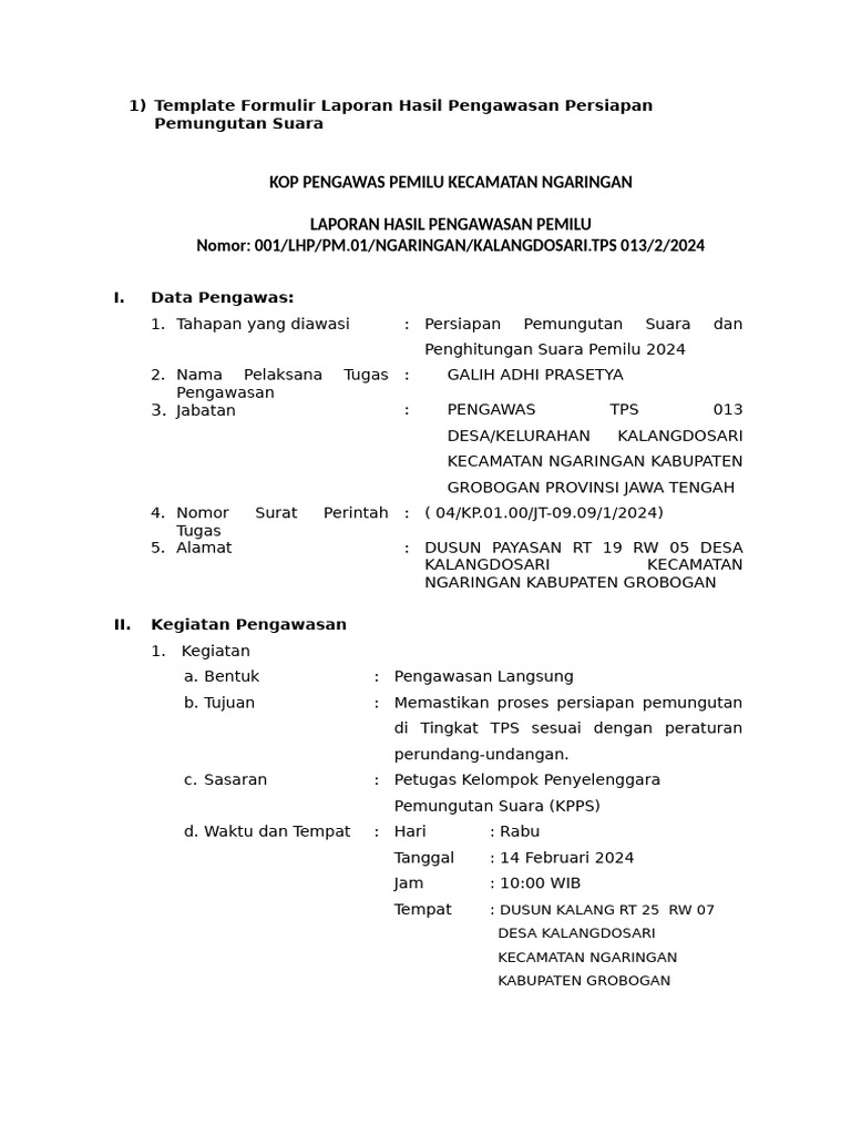 01.form A Formulir Laporan Hasil Pengawasan Persiapan Pemungutan Suara - GALIH-1 | PDF