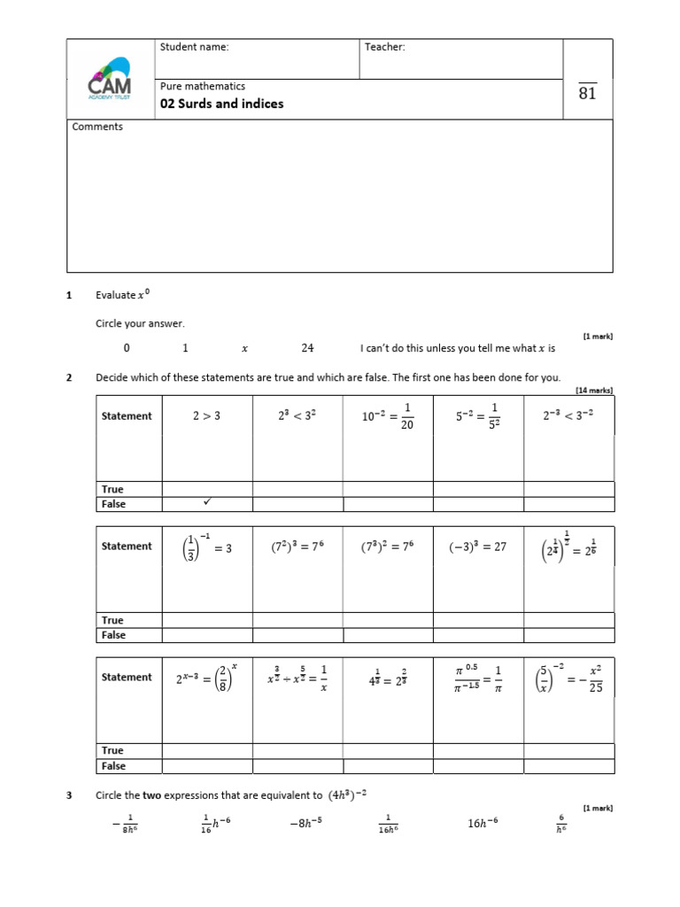 CSF_02 Surds and Indices (as) - Hw | PDF | Mathematics | Logic