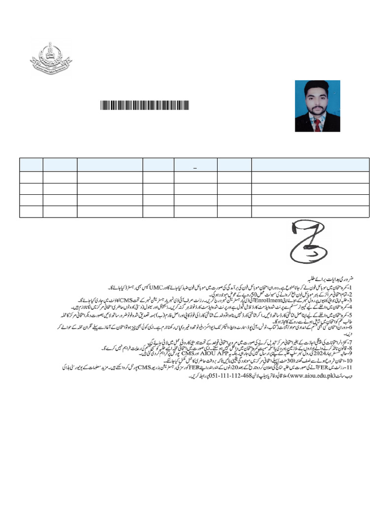 Naveed Roll Number Slip For Aiou Pdf