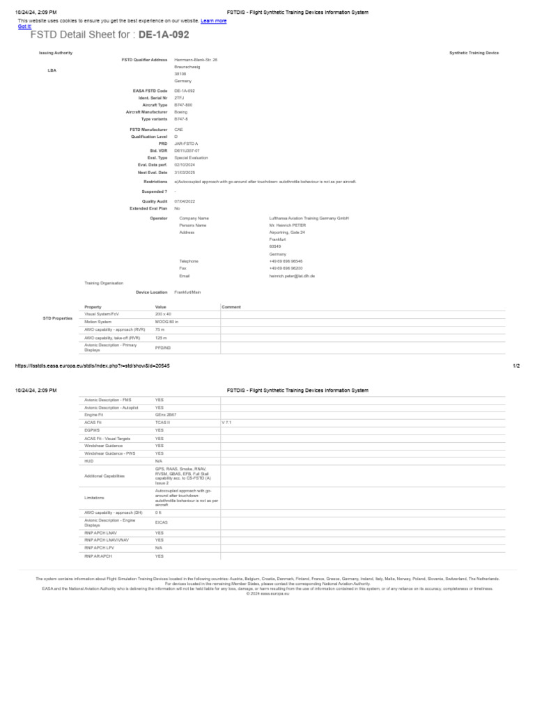 Germany - B748 FSTD Detail Sheet For DE-1A-092 | PDF | Avionics | Aviation
