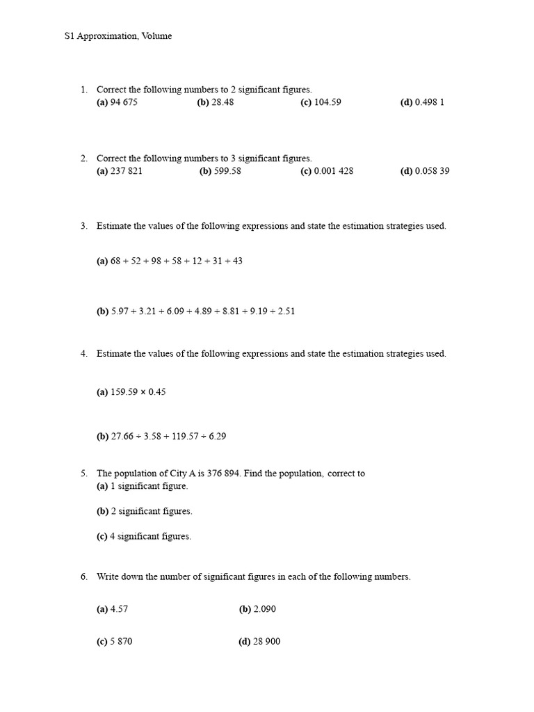 s1 Maths (Approximation, Volume) | PDF | Significant Figures | Volume