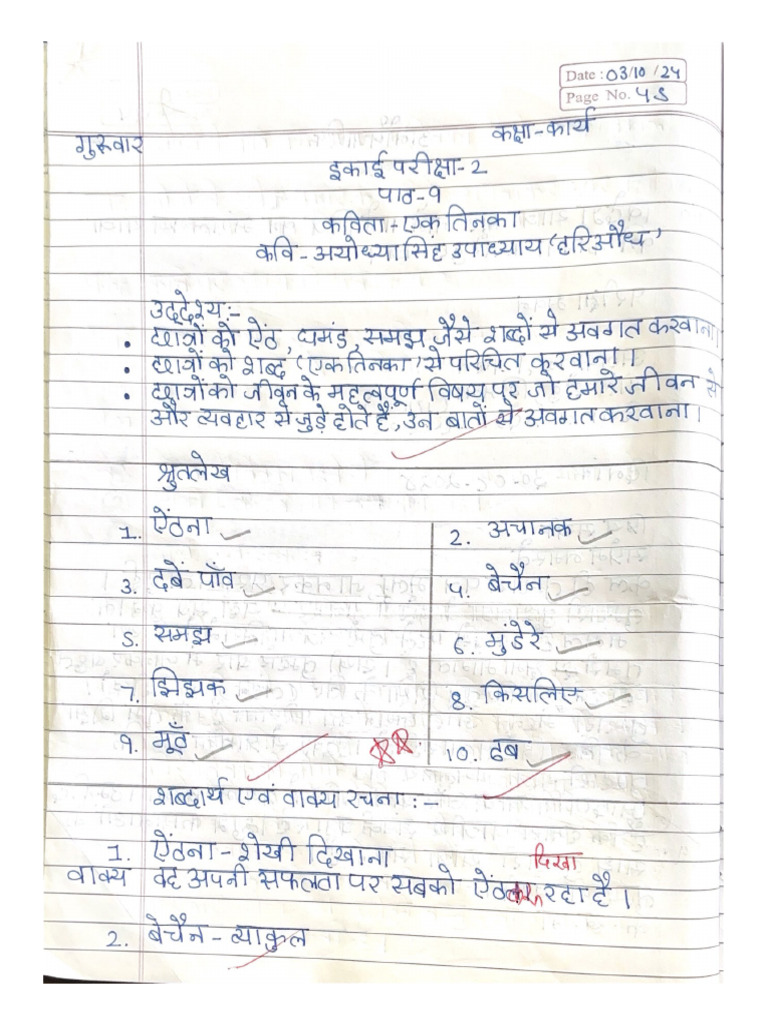 Class VII Hindi Ch-9 Ek Tinka Notebook Work | PDF