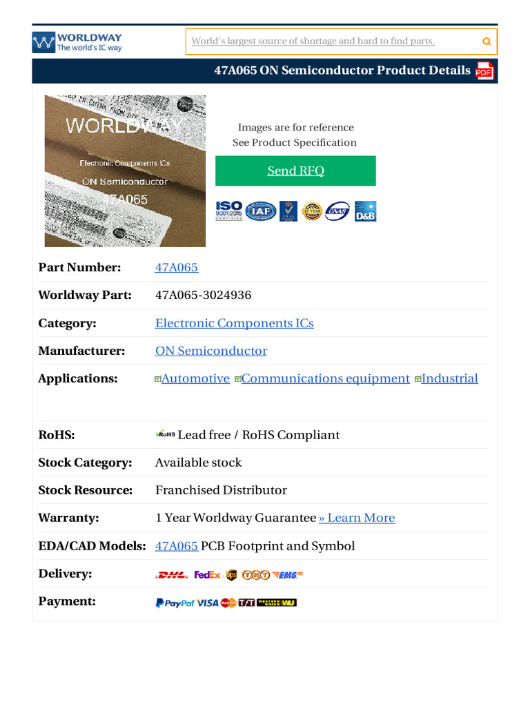 47A065 ON Semiconductor Product Details: Part Number: Worldway Part: Category: Manufacturer ...