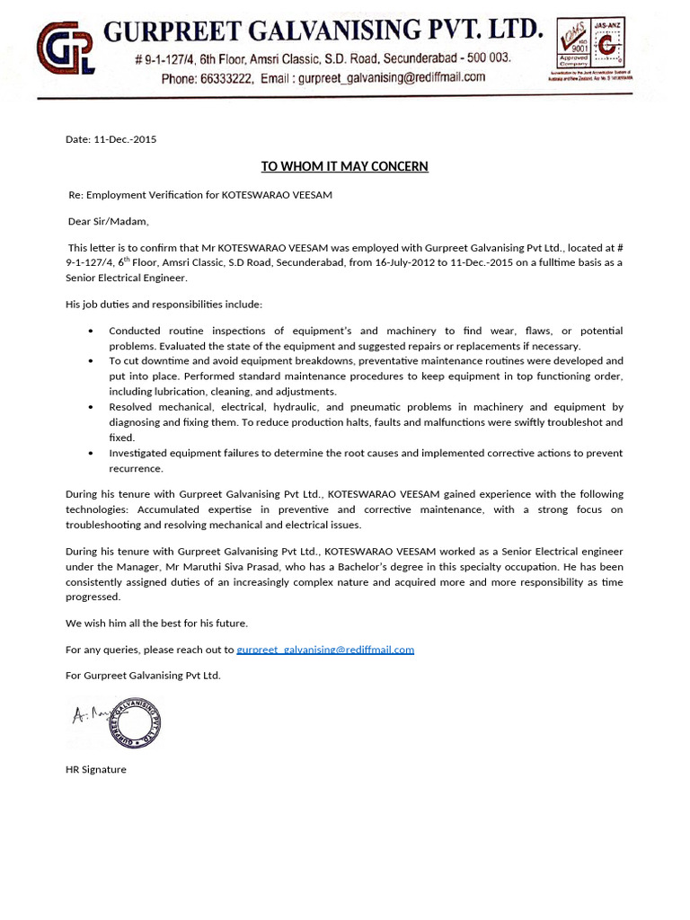 Employment Verification: Koteswarao Veesam | PDF