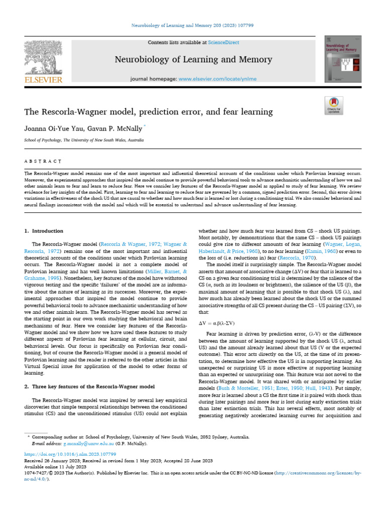 The Rescorla-Wagner Model, Prediction Error, and Fear Learning | PDF ...