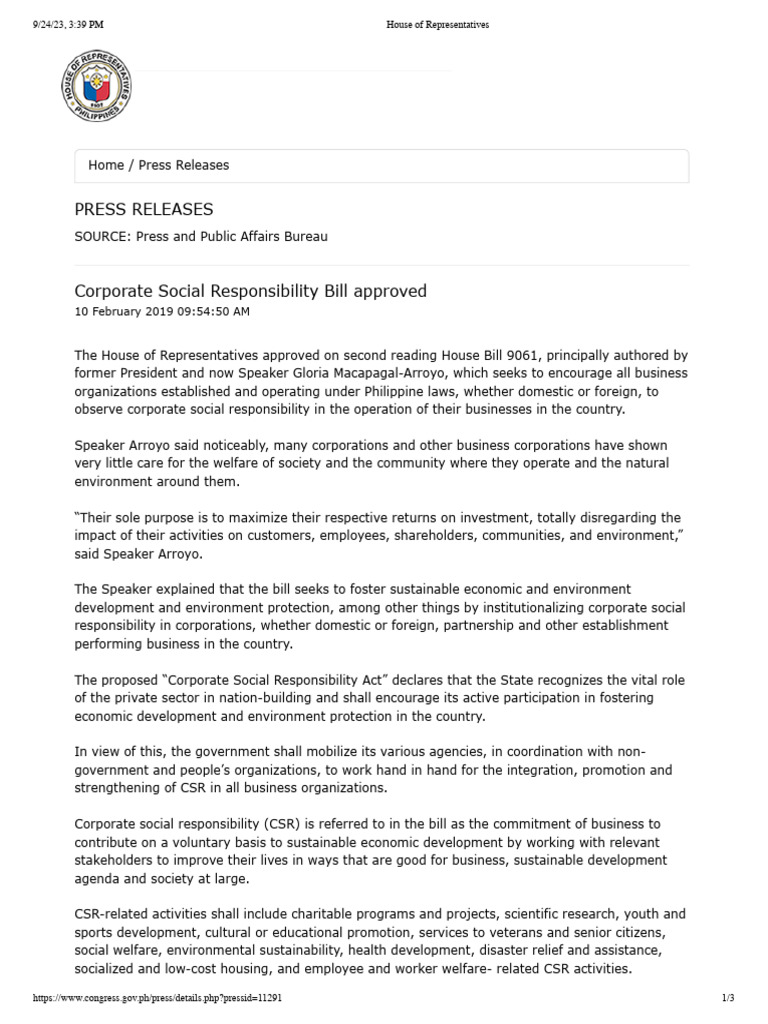 CSR Bill Approved in House | PDF | Corporate Social Responsibility ...