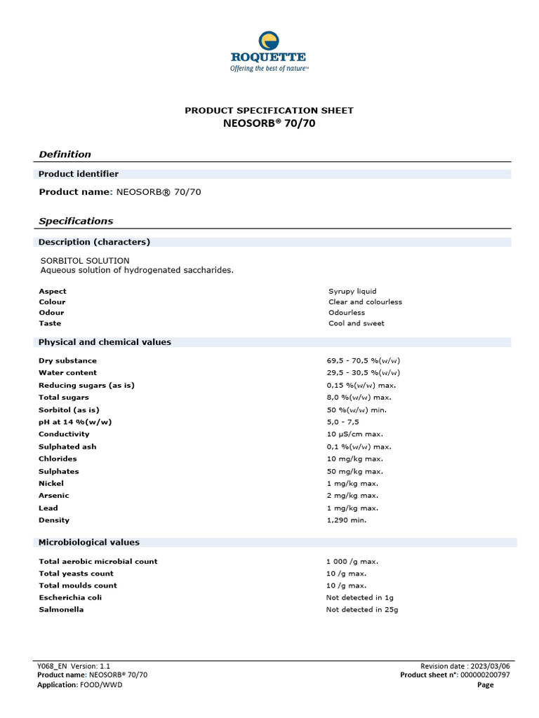 Roquette Pspe Y068 Neosorb-70-70 000000200797 en | PDF | Packaging And ...