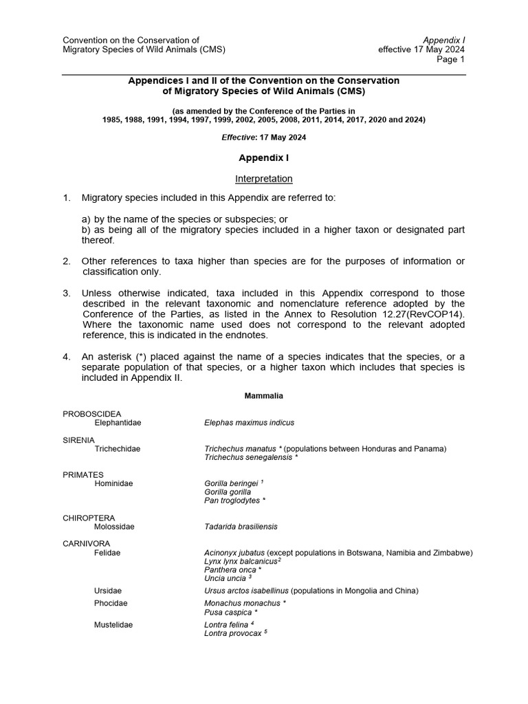 CMS Revised-Appendices Cop14 e 2024-May | PDF | Taxon | Species