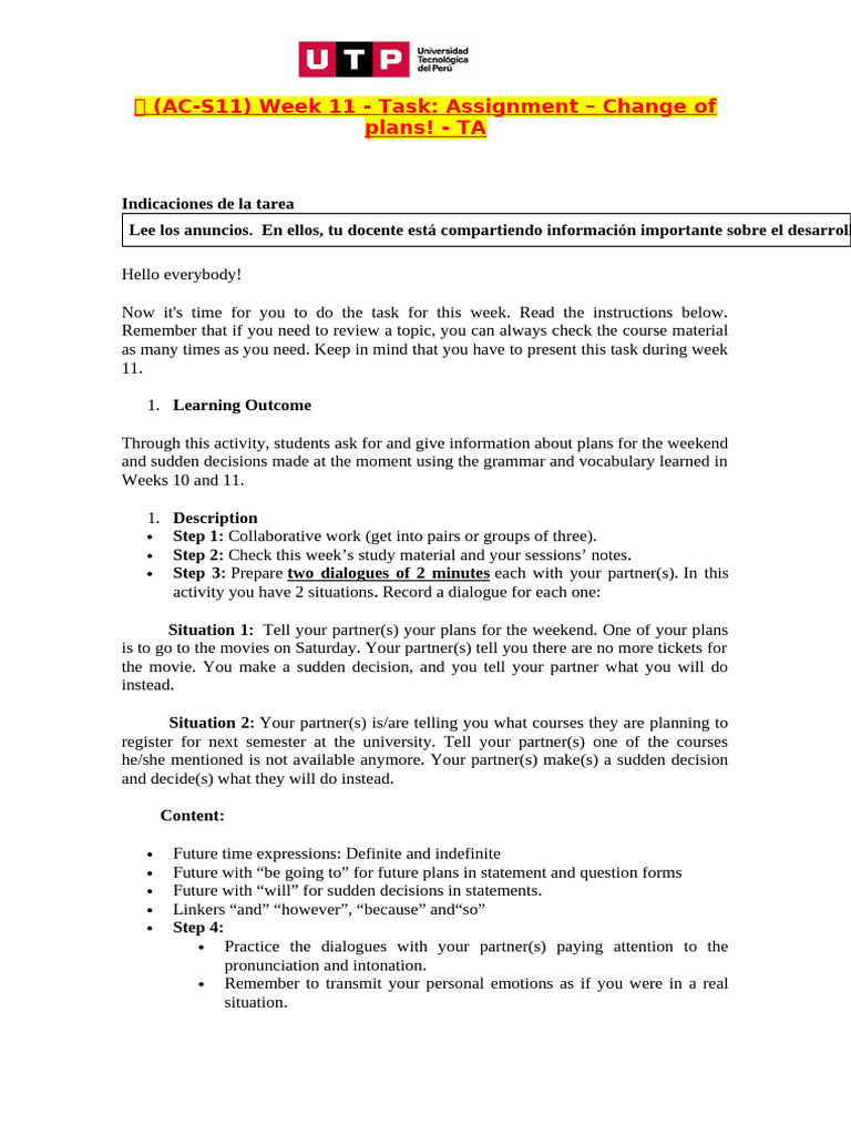 ? (AC-S11) Week 11 - Task Assignment - Change of Plans! - TA (INGLES 4) | PDF